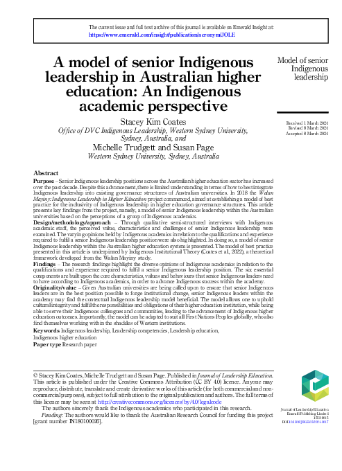 (PDF) A model of senior Indigenous leadership in Australian higher ...