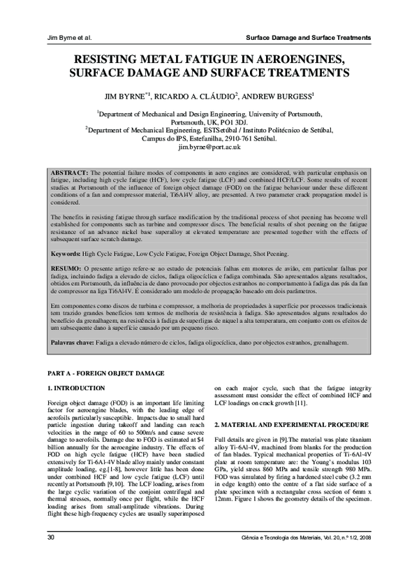 (PDF) Resisting metal fatigue in aeroengines, surface damage and ...