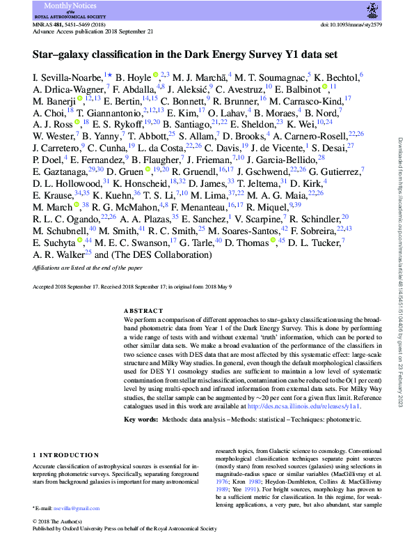 (PDF) Star-galaxy classification in the Dark Energy Survey Y1 dataset