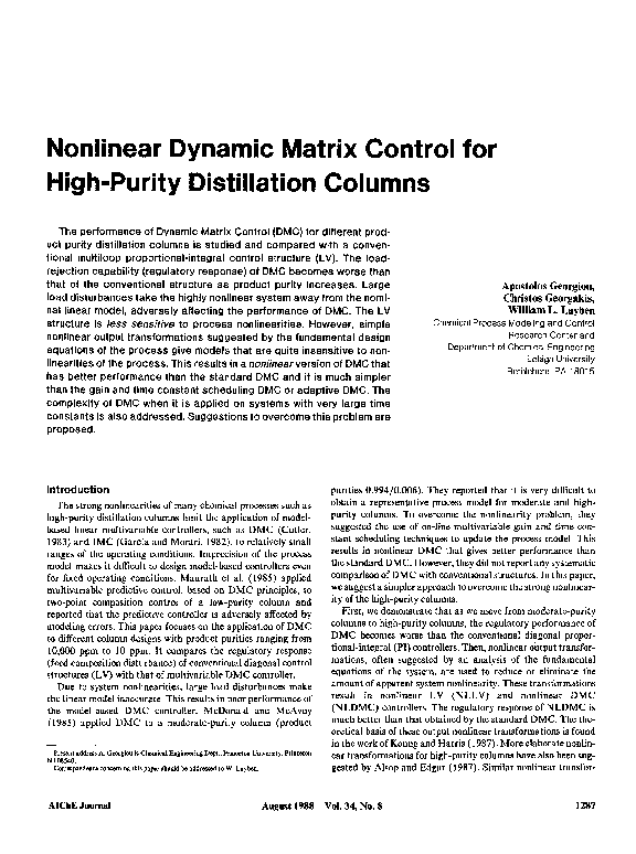 (PDF) Nonlinear dynamic matrix control for high-purity distillation columns