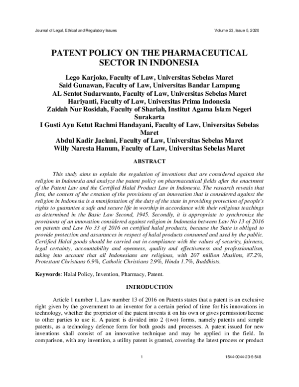 (PDF) Patent Policy on the Pharmaceutical Sector in Indonesia