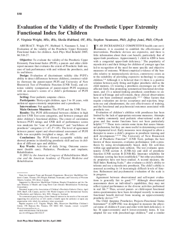 (PDF) Evaluation of the validity of the prosthetic upper extremity ...