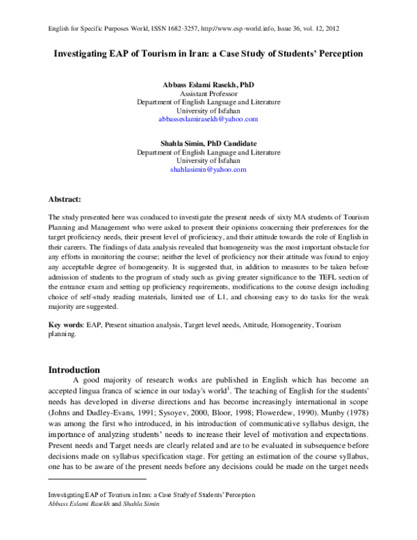(PDF) Investigating EAP of Tourism in Iran: a Case Study of Students’ Perception