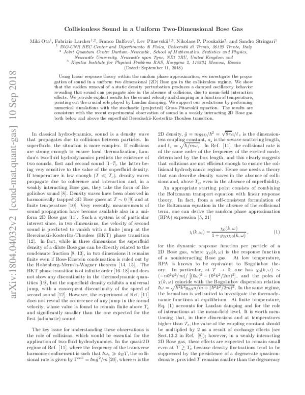 (PDF) Collisionless Sound in a Uniform Two-Dimensional Bose Gas