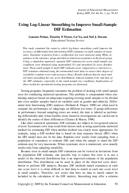 (PDF) Using Log-Linear Smoothing to Improve Small-Sample DIF Estimation