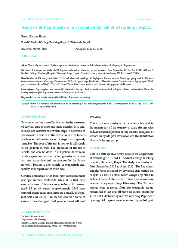 (PDF) Analysis of Pap smears in a cytopathology lab of a teaching hospital