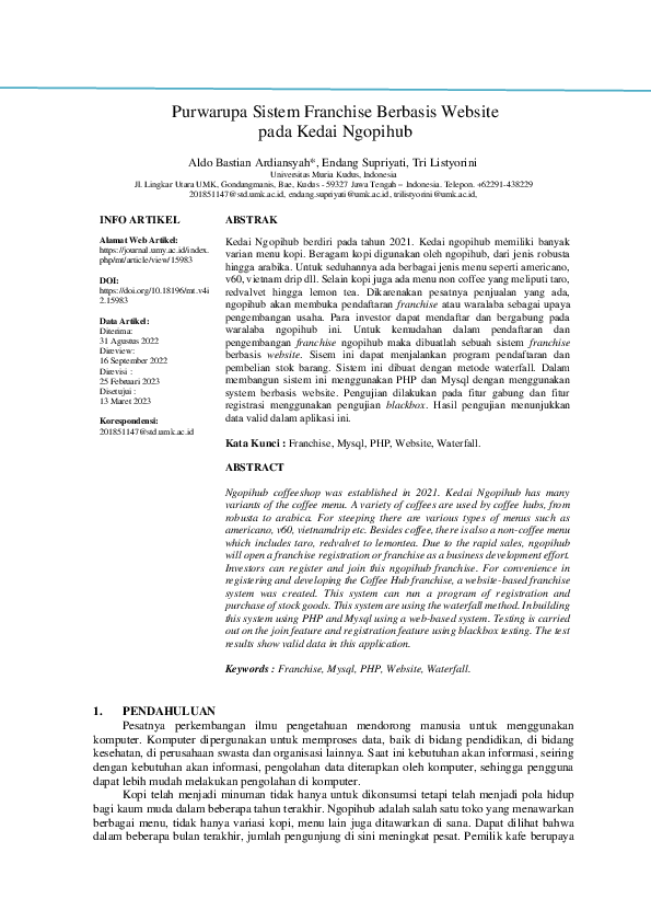 (PDF) Purwarupa Sistem Franchise Berbasis Website Pada Kedai Ngopihub