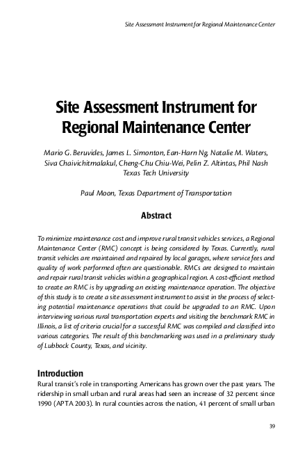 (PDF) Site Assessment Instrument for Regional Maintenance Center