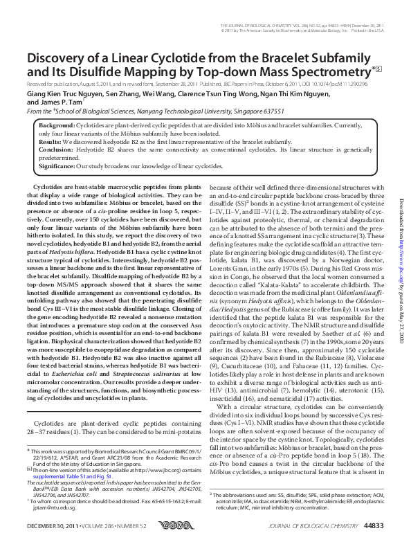 (PDF) Discovery of a Linear Cyclotide from the Bracelet Subfamily and ...