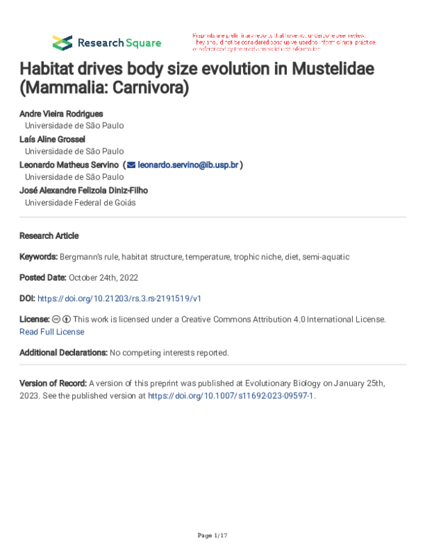(PDF) Habitat drives body size evolution in Mustelidae (Mammalia ...