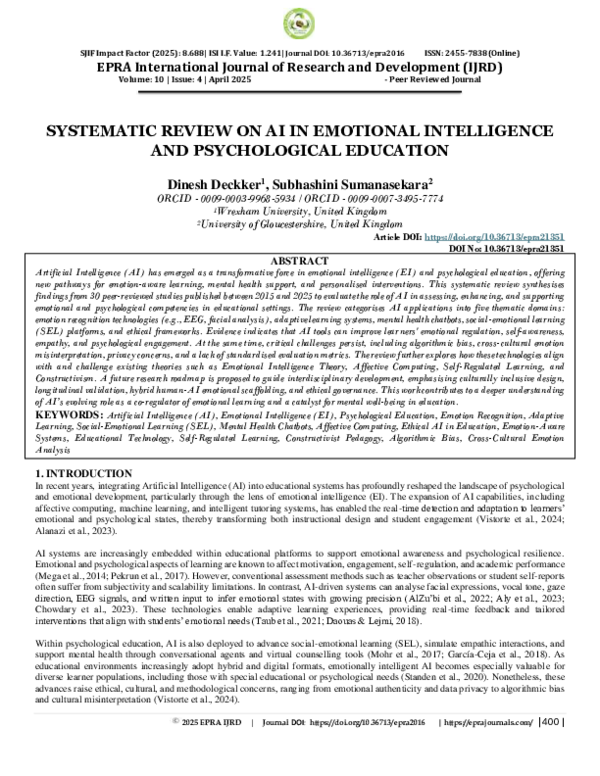 (PDF) Systematic Review on AI in Emotional Intelligence and ...