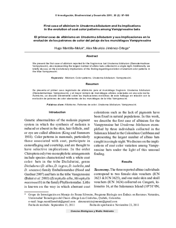 (PDF) First case of albinism in Uroderma bilobatum and its implications ...