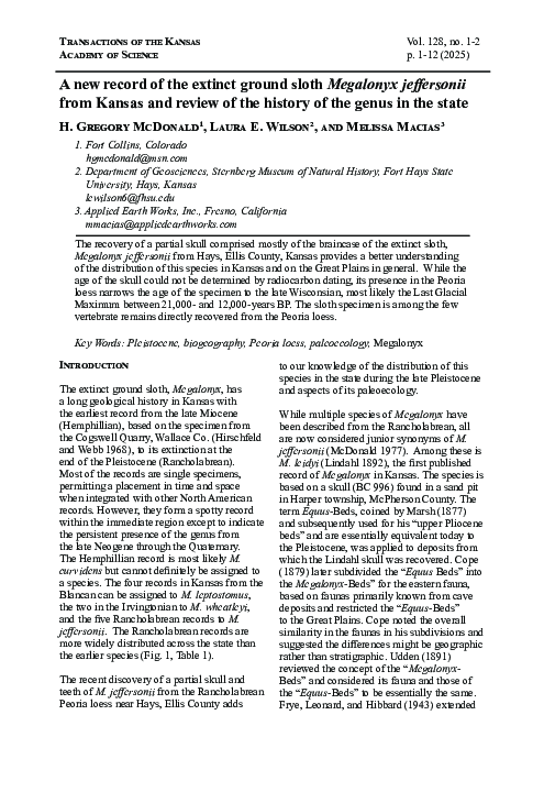 (PDF) A new record of the extinct ground sloth Megalonyx jeffersonii ...