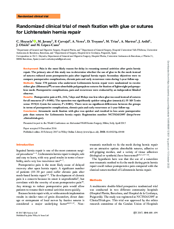 (PDF) Randomized clinical trial of mesh fixation with glue or sutures ...