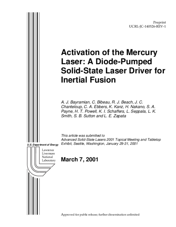 (PDF) Activation of the Mercury laser: A diode-pumped solid-state laser driver for inertial fusion