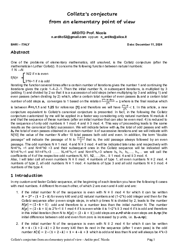 (PDF) Collatz's conjecture from an elementary point of view -Ardito ...