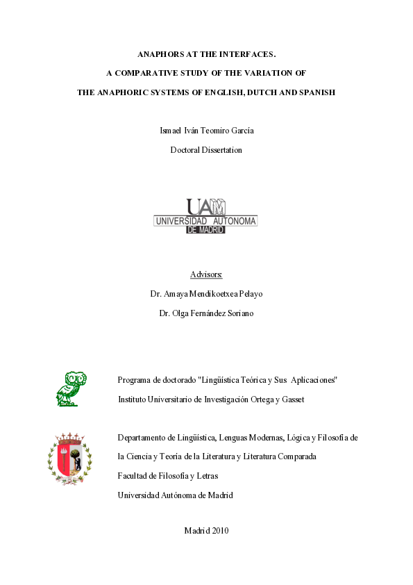 (PDF) Anaphors at the interfaces. A comparative study of the variation ...