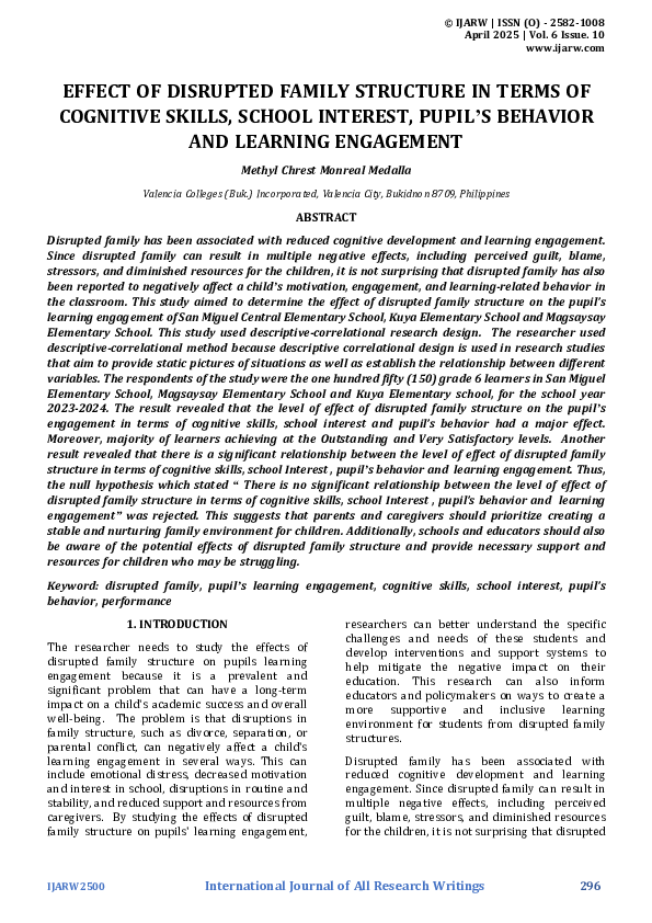 (PDF) EFFECT OF DISRUPTED FAMILY STRUCTURE IN TERMS OF COGNITIVE SKILLS ...