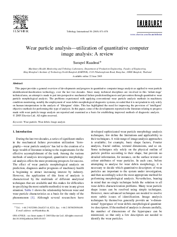 (PDF) Wear particle analysis—utilization of quantitative computer image analysis: A review