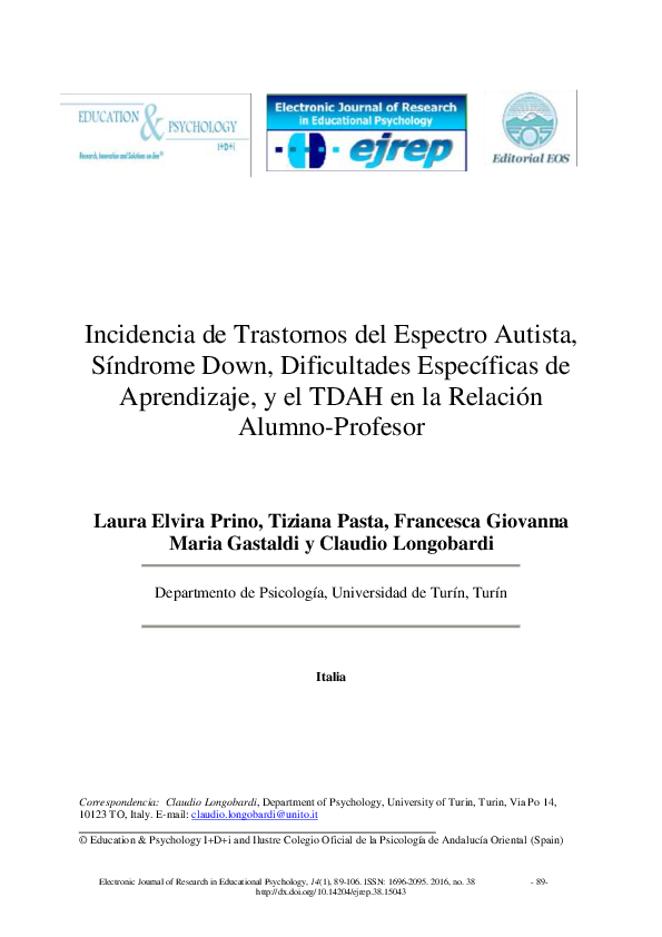 (PDF) Incidencia de trastornos del espectro autista, Síndrome Down, dificultades específicas de ...