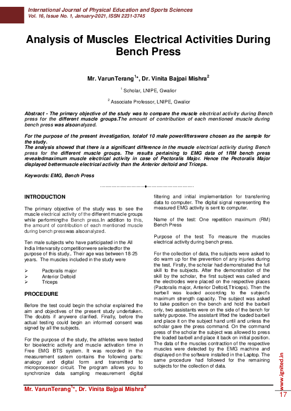 (PDF) Analysis of Muscles Electrical Activities During Bench Press