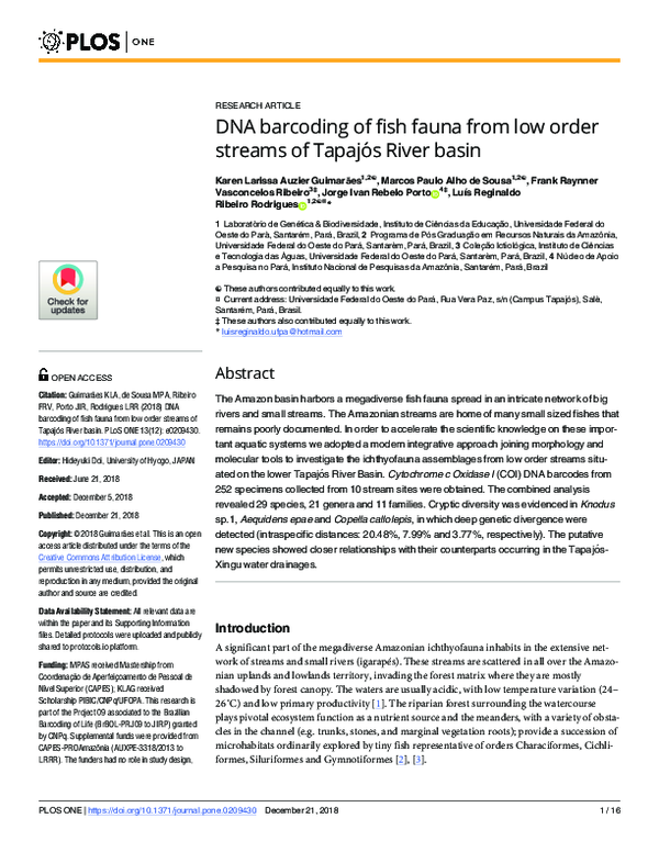 (PDF) DNA barcoding of fish fauna from low order streams of Tapajós ...
