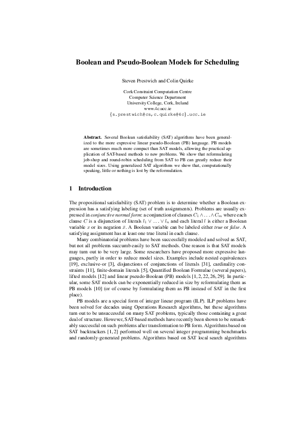 (PDF) Boolean and Pseudo-Boolean Models for Scheduling