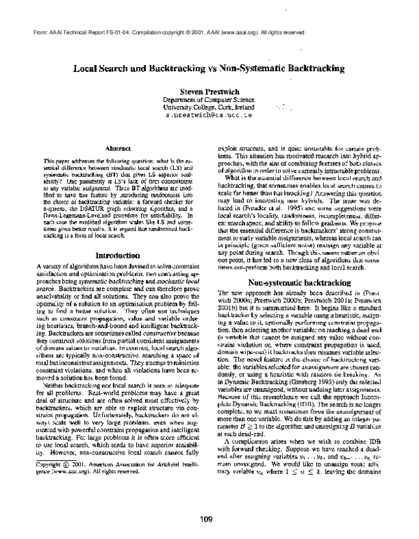 (PDF) Local Search and Backtracking vs Non-Systematic Backtracking
