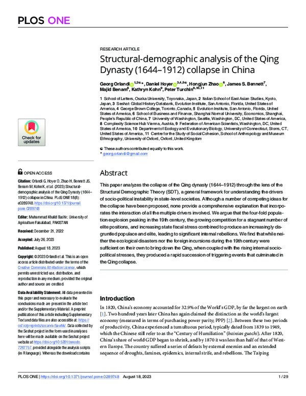 (PDF) Structural-demographic analysis of the Qing Dynasty (1644-1912 ...