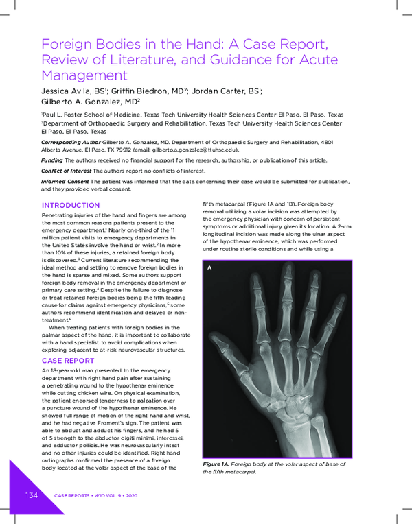 (PDF) Foreign Bodies in the Hand: A Case Report, Review of Literature ...