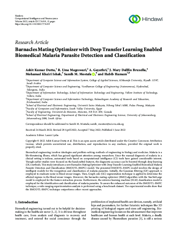 (PDF) Barnacles Mating Optimizer with Deep Transfer Learning Enabled Biomedical Malaria Parasite ...