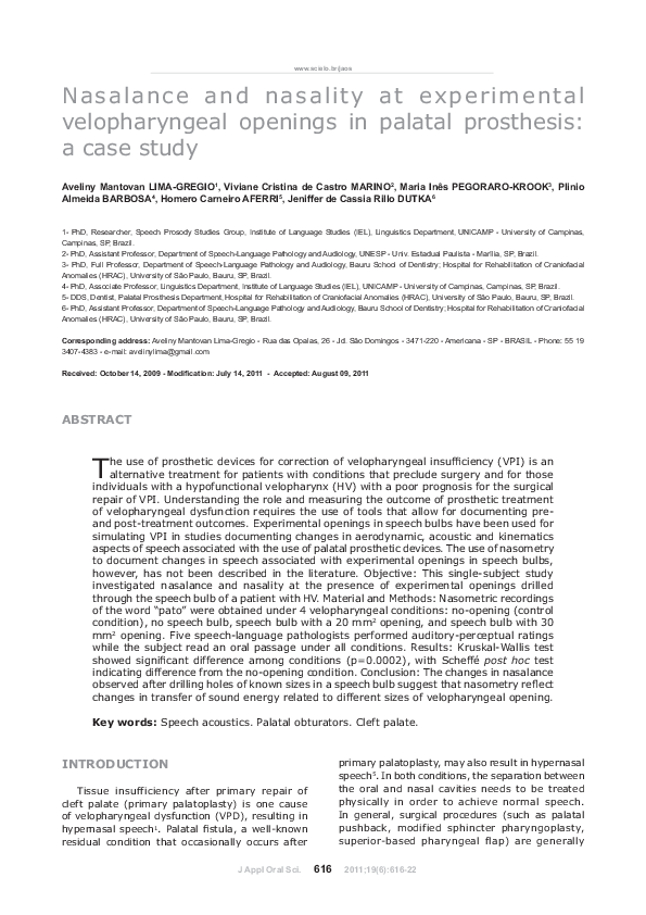 (PDF) Nasalance and nasality at experimental velopharyngeal openings in ...