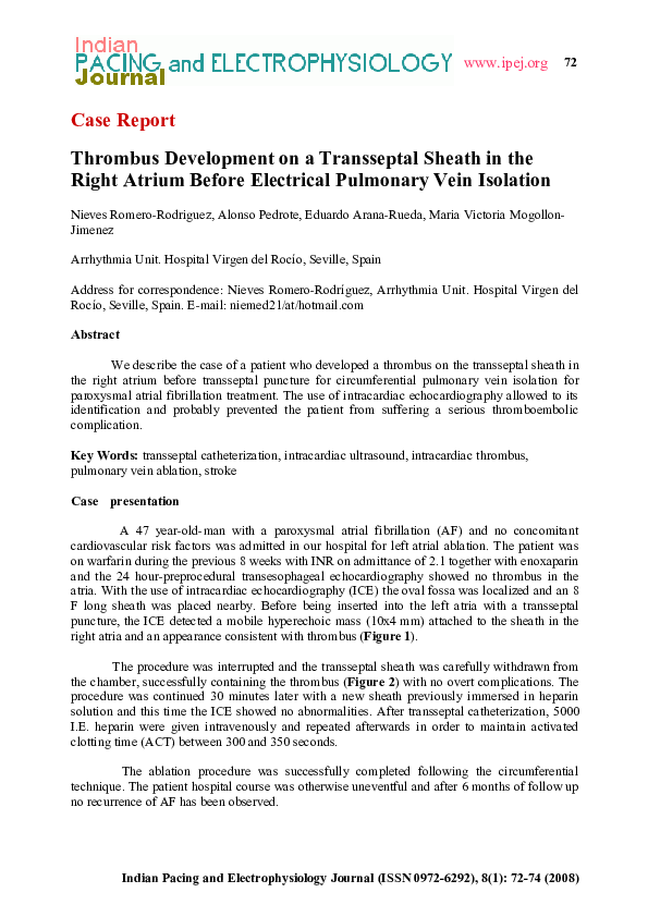 (PDF) Thrombus development on a transseptal sheath in the right atrium ...