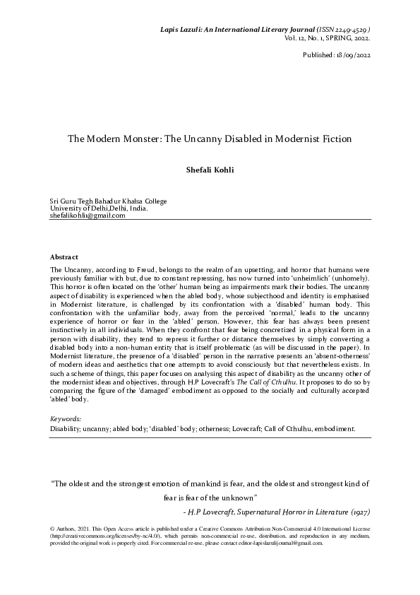 (PDF) The Modern Monster: The Uncanny Disabled in Modernist Fiction