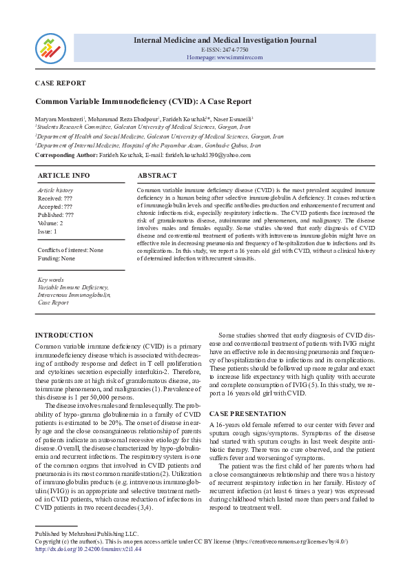 (PDF) Common Variable Immunodeficiency (CVID): A Case Report