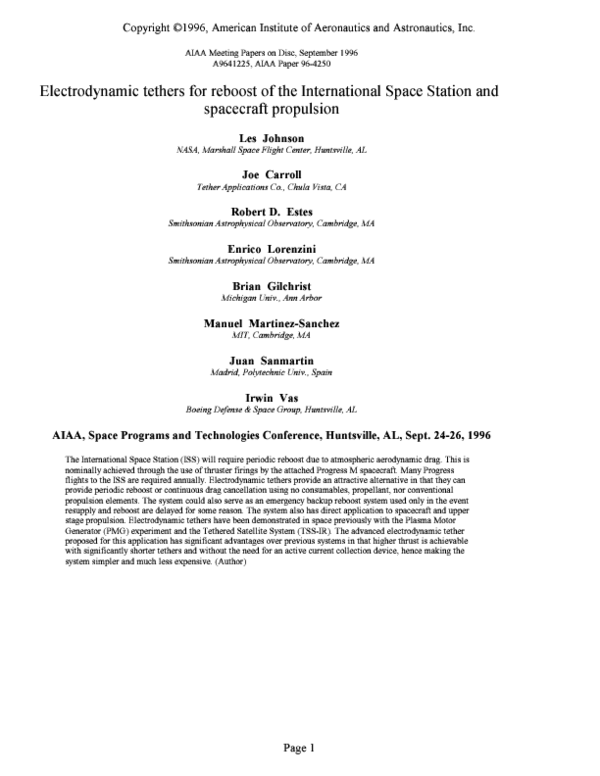 (PDF) Electrodynamic Tethers for Reboost of the International Space ...