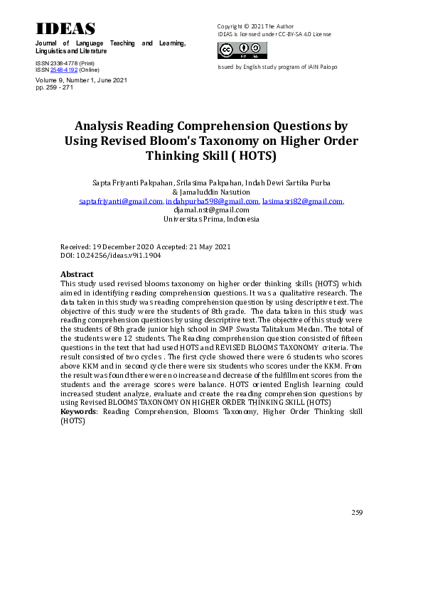 (PDF) Analysis Reading Comprehension Questions by Using Revised Bloom's ...