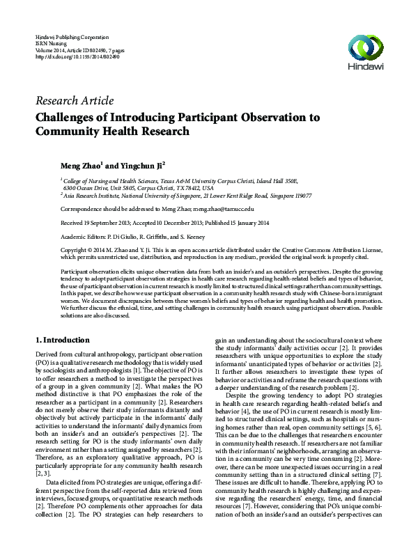 (PDF) Challenges of introducing participant observation to community ...