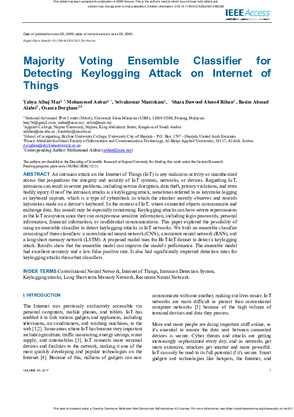 (PDF) Majority Voting Ensemble Classifier for Detecting Keylogging Attack on Internet of Things