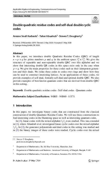 (PDF) Double quadratic residue codes and self-dual double cyclic codes