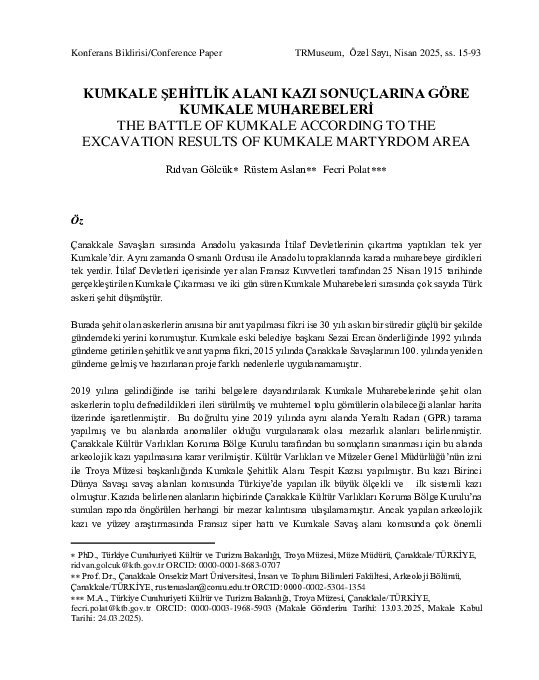 (PDF) KUMKALE ŞEHİTLİK ALANI KAZI SONUÇLARINA GÖRE KUMKALE MUHAREBELERİ ...