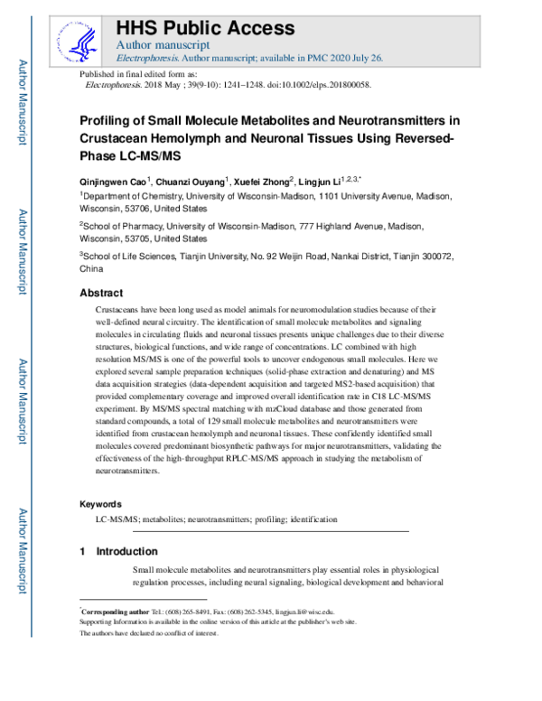 (PDF) Profiling of small molecule metabolites and neurotransmitters in ...