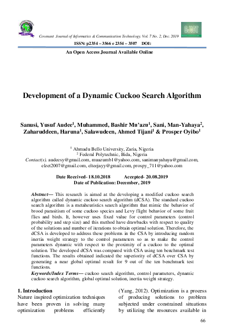 (PDF) Development of a Dynamic Cuckoo Search Algorithm