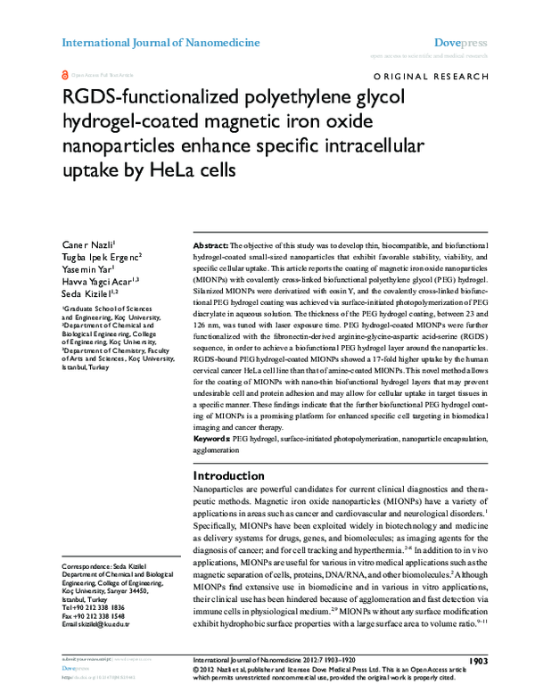 (PDF) RGDS-functionalized polyethylene glycol hydrogel-coated magnetic iron oxide nanoparticles ...