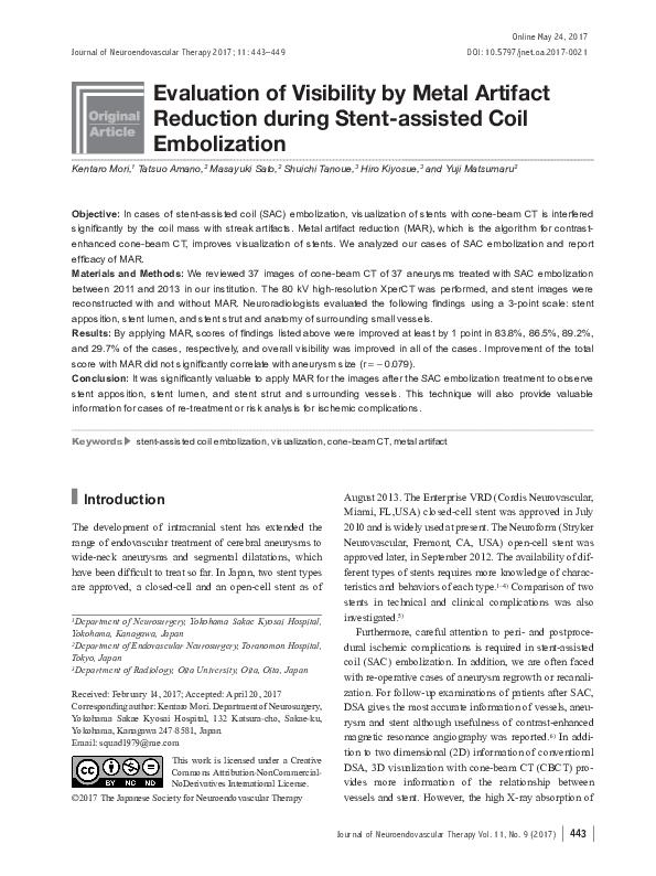 (PDF) Evaluation of Visibility by Metal Artifact Reduction during Stent ...