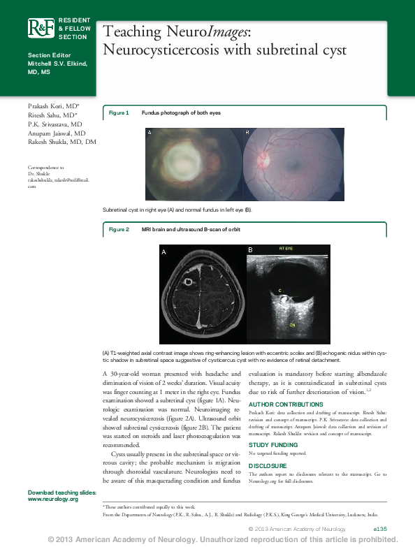 (PDF) Teaching NeuroImages: Neurocysticercosis with subretinal cyst