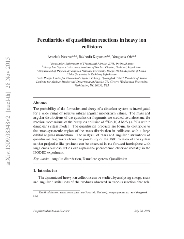 (PDF) Peculiarities of quasifission reactions in heavy ion collisions