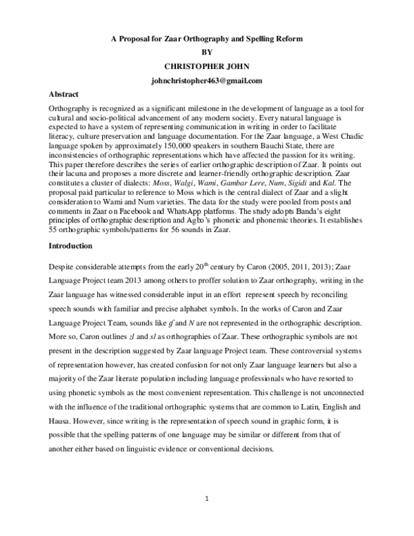 (PDF) A Proposal for Zaar Orthography and Spelling Reform