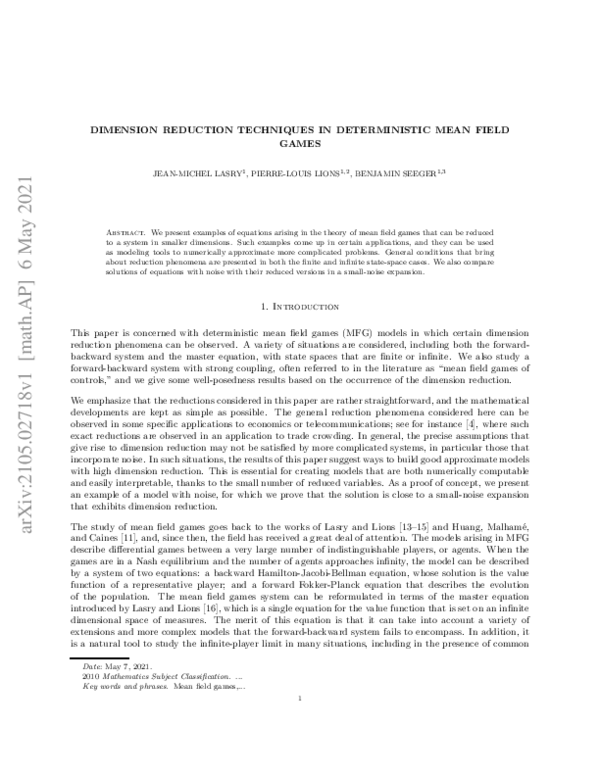 (PDF) Dimension reduction techniques in deterministic mean field games