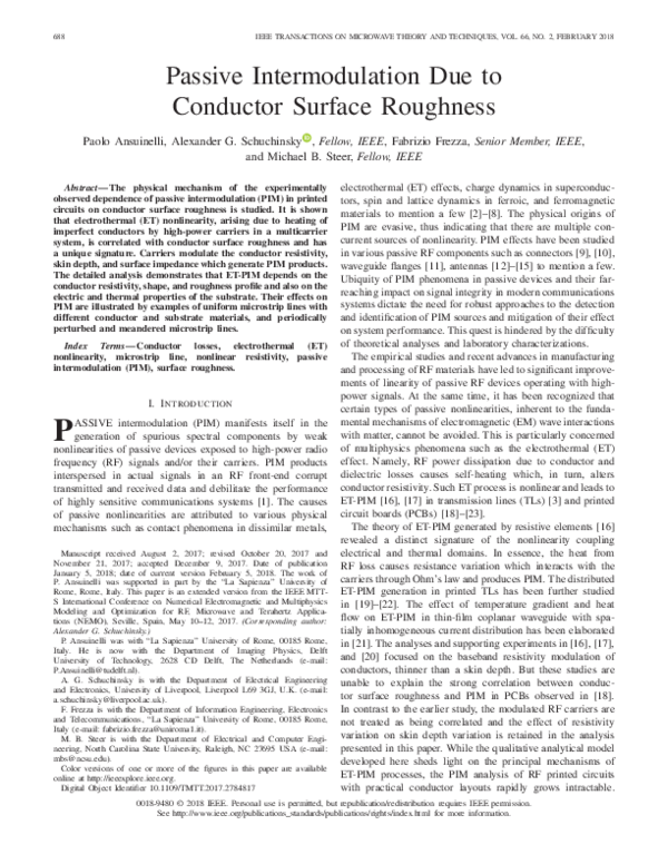 (PDF) Passive Intermodulation Due to Conductor Surface Roughness